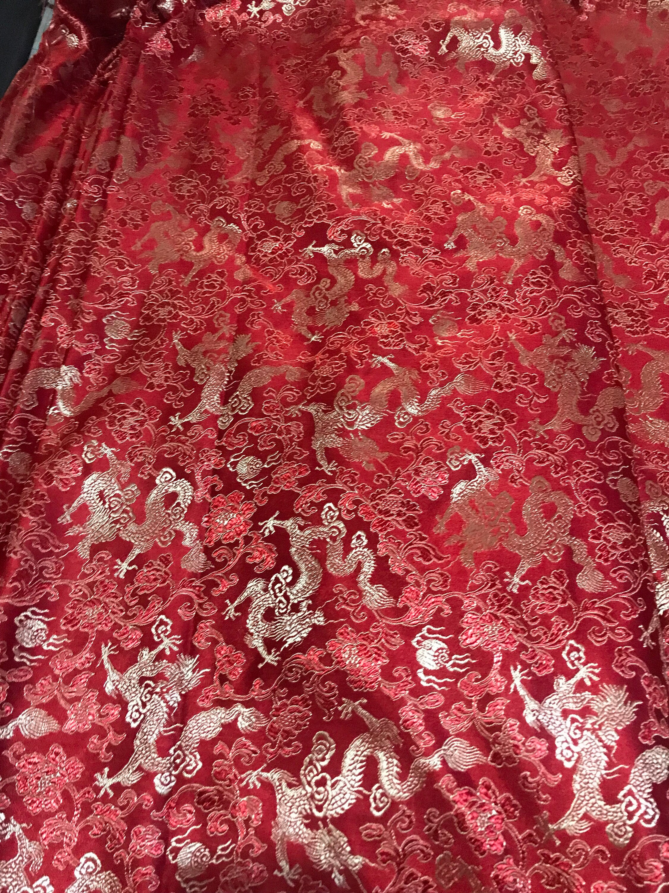 Red Color Brocade Fabric With Golden Dragon Pattern, Jacquard Fabric ...