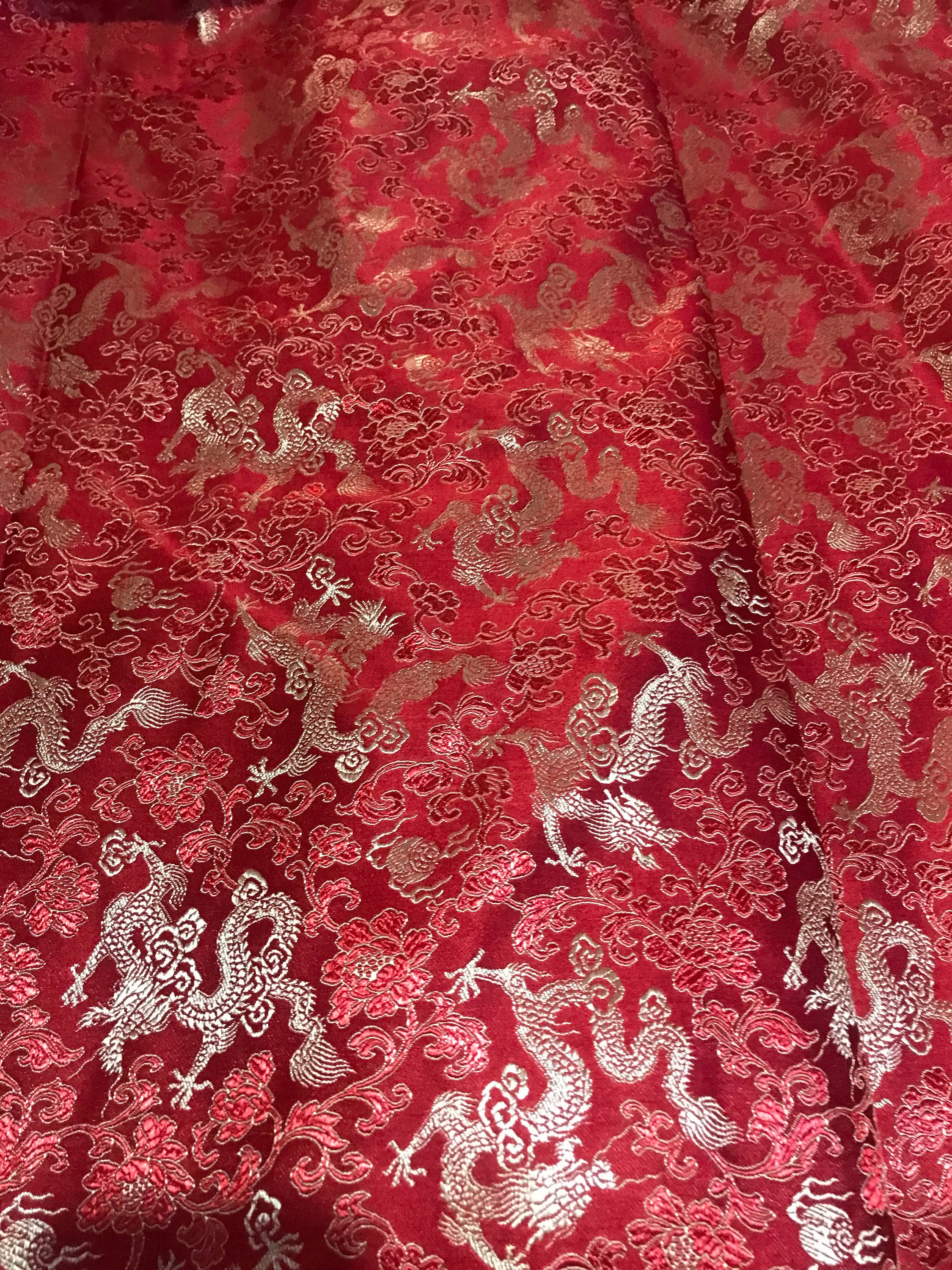 Red Color Brocade Fabric With Golden Dragon Pattern, Jacquard Fabric ...