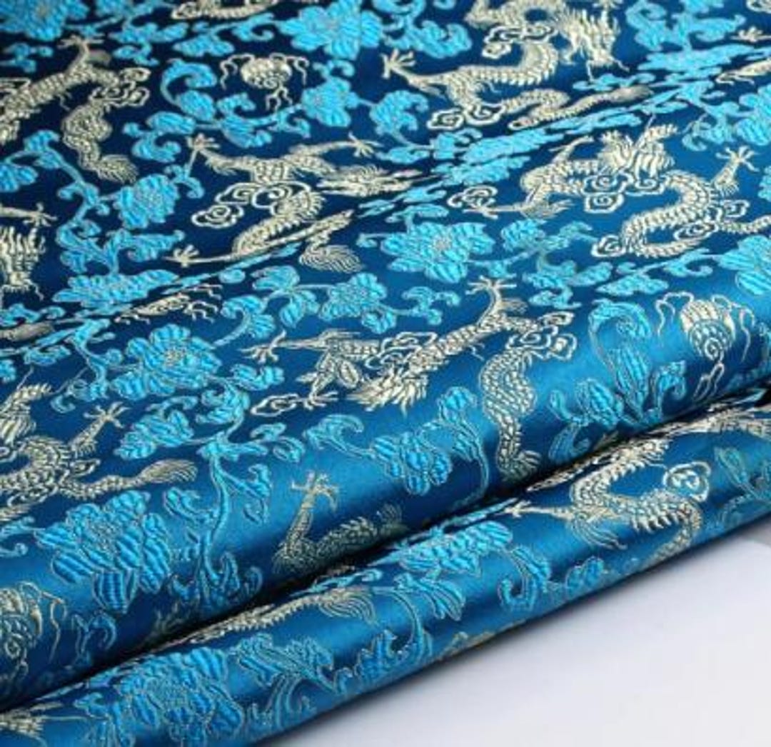 Retro Blue Color Brocade Fabric With Gold Dragon Pattern, Dragon Style ...