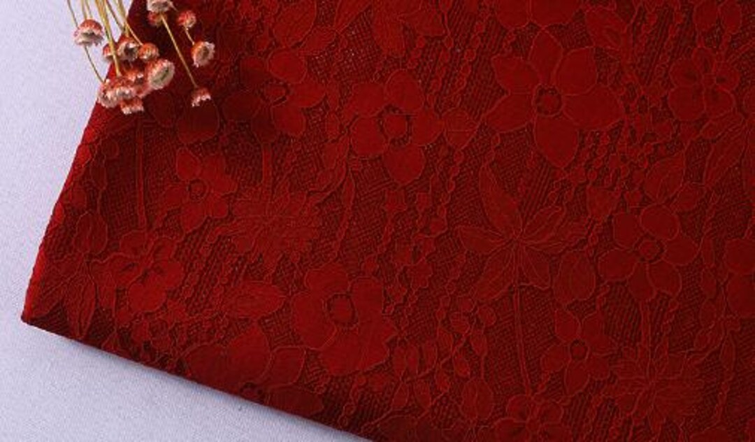 Red Lace Pattern Fabric With Flower Pattern, Elastic Brocade Knitted ...