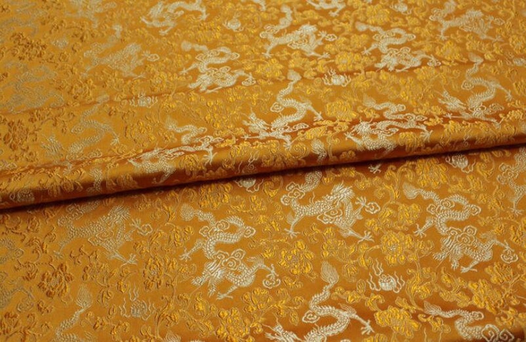 Orange Yellow Color Brocade Fabric, Jacquard Fabric, Gold Color Dragon ...