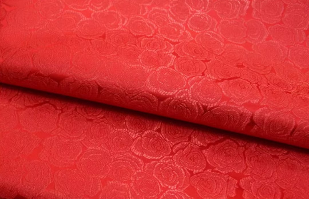 Red Color Brocade Fabric With Rose Pattern, Jacquard Fabric, Cosplay ...