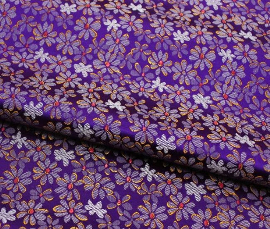 Purple Color Brocade Fabric With Daisy Pattern, Jacquard Fabric, by the ...