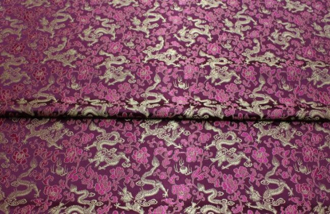 Purple Red Color Brocade Fabric, Jacquard Fabric, Gold Dragon Style ...