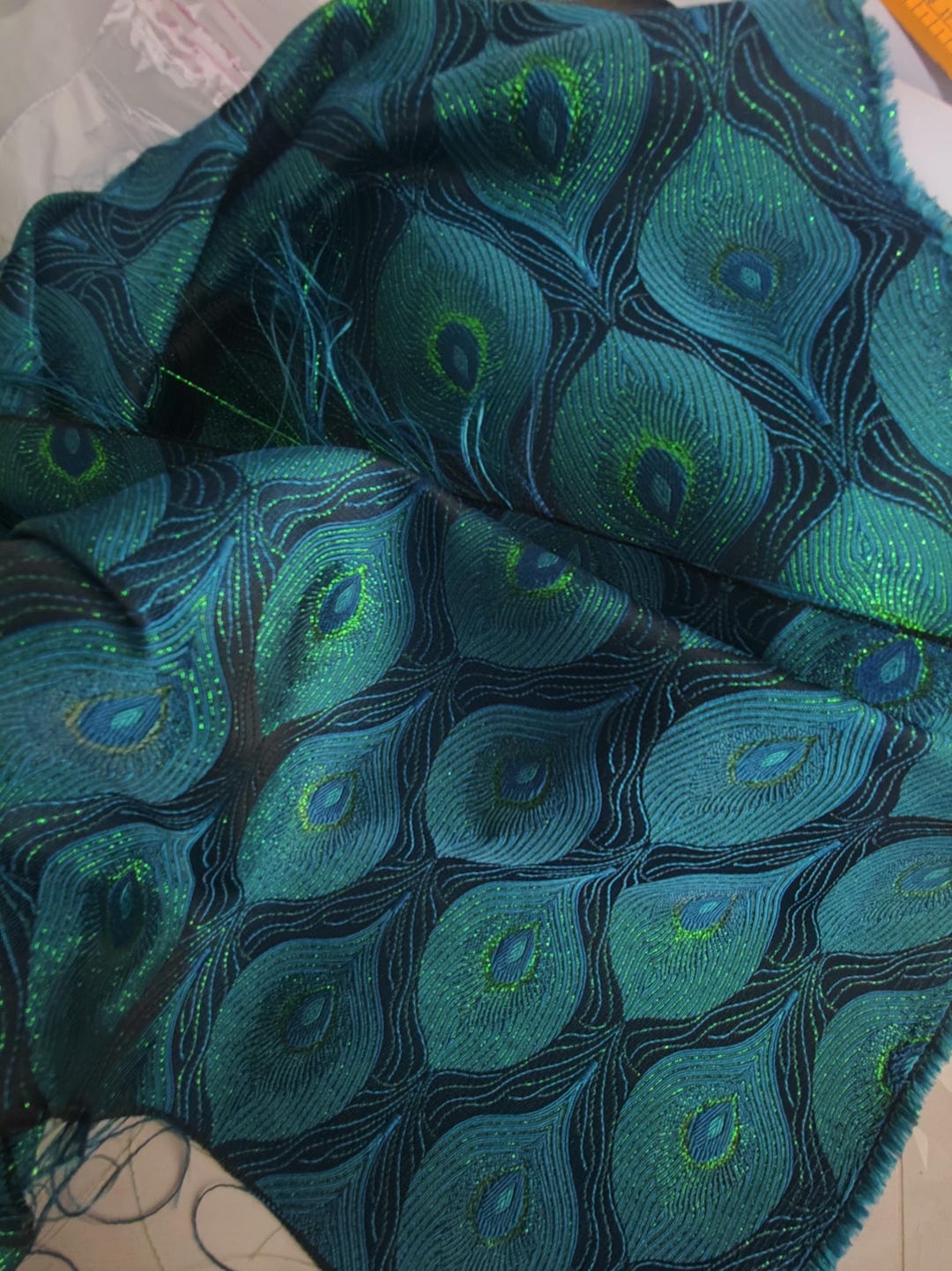 High Quality Peacock Blue Green Color Brocade Fabric With Peacock ...