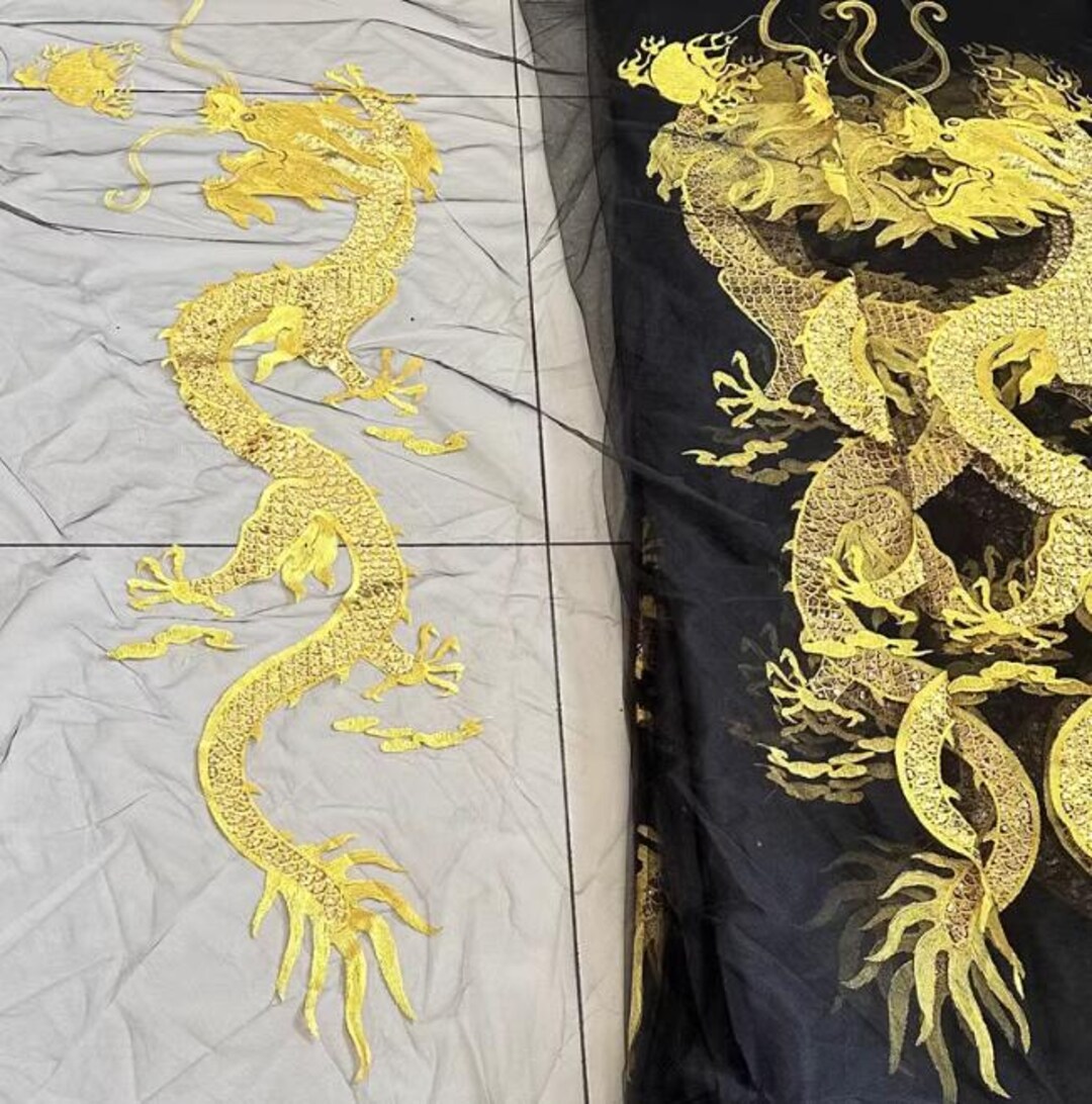 Black Background Mesh With Gold Dragon, Sequin Embroidery Patch, Qipao ...