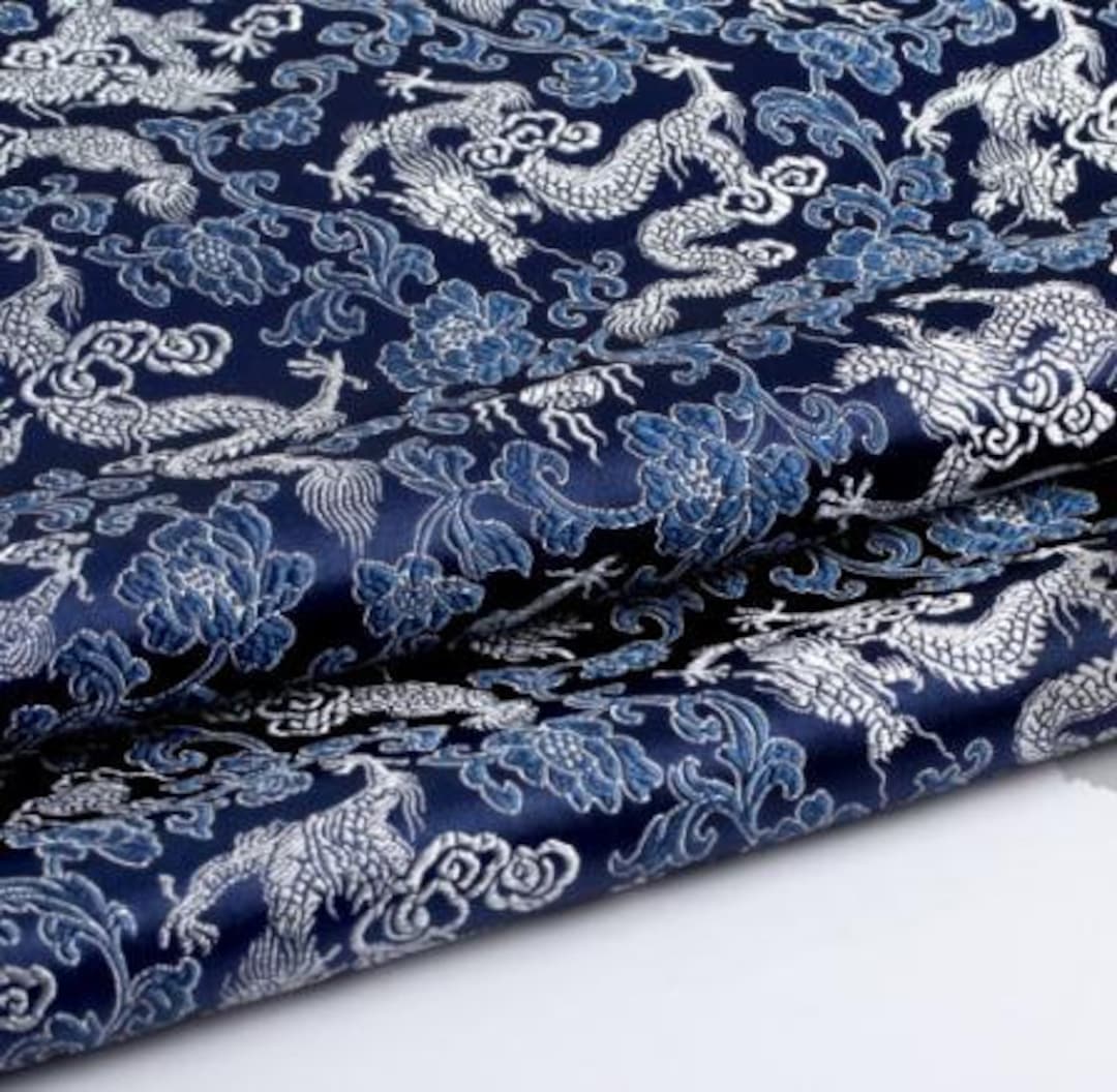 Navy Blue Brocade Fabric, Silver Dragons Fabric, Jacquard Fabric ...