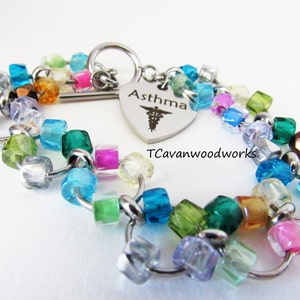 Asthma Medical Alert Id Bracelet, Stainless Colorful Czech Glass Beads ...