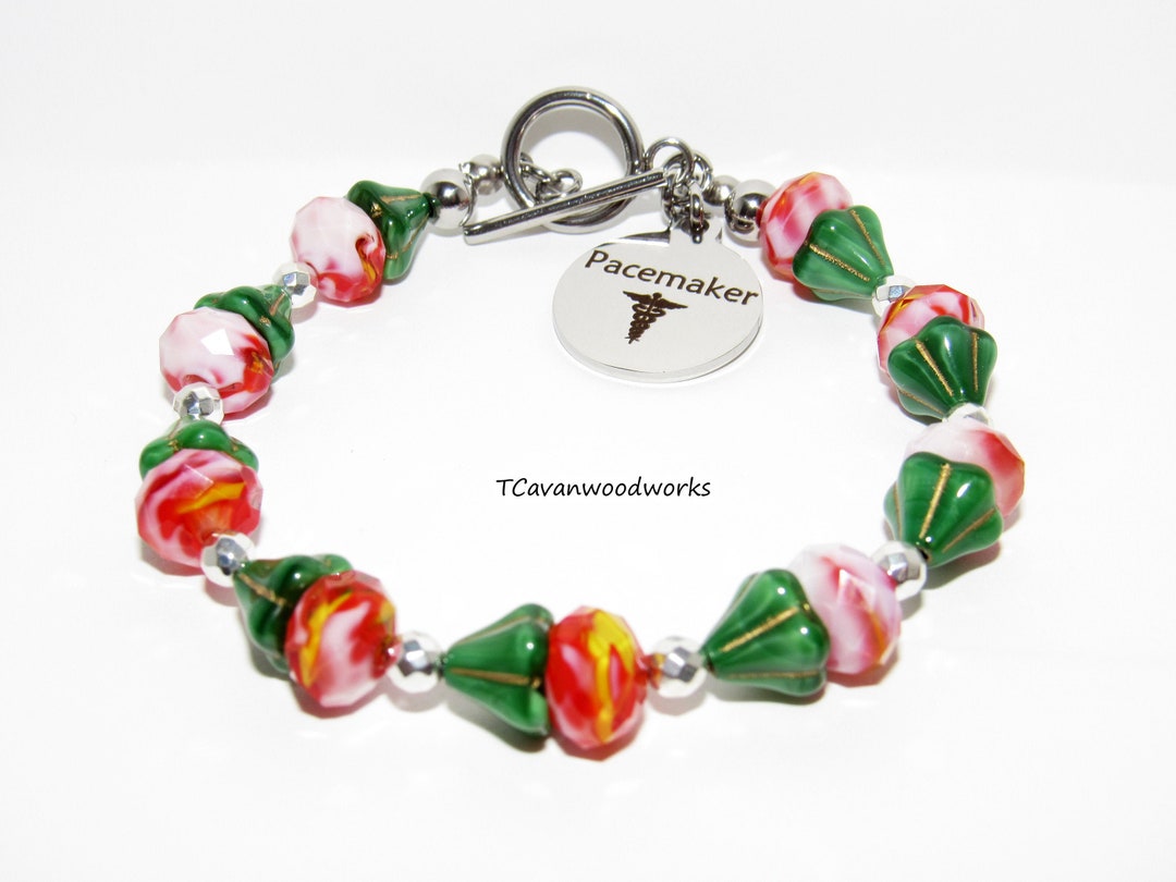 Pacemaker Medical Alert Bracelet Swirled Rose Glass Flower Beads ...