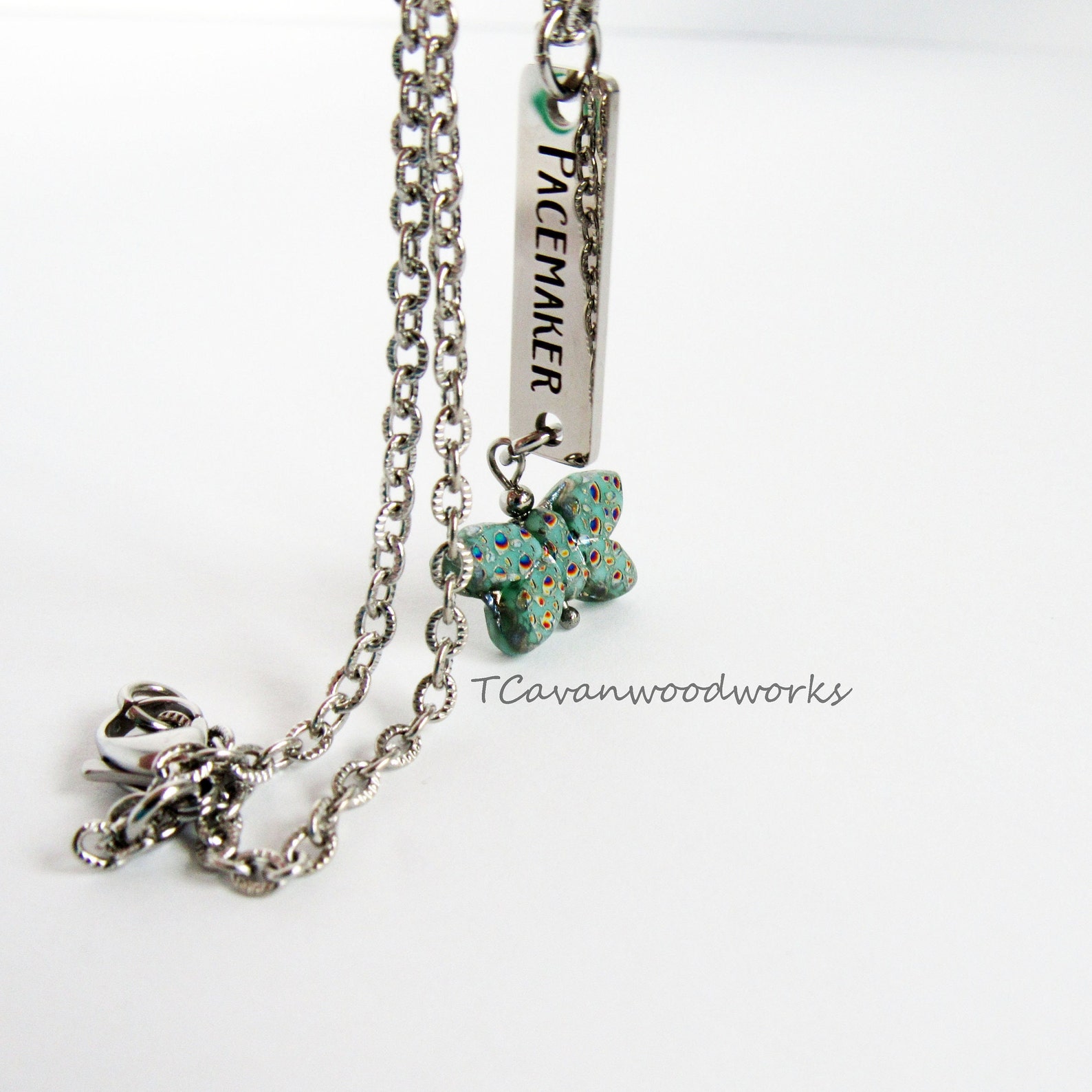 Pacemaker Necklace Stainless Turquoise Glass Butterfly Charm Pacemaker ...