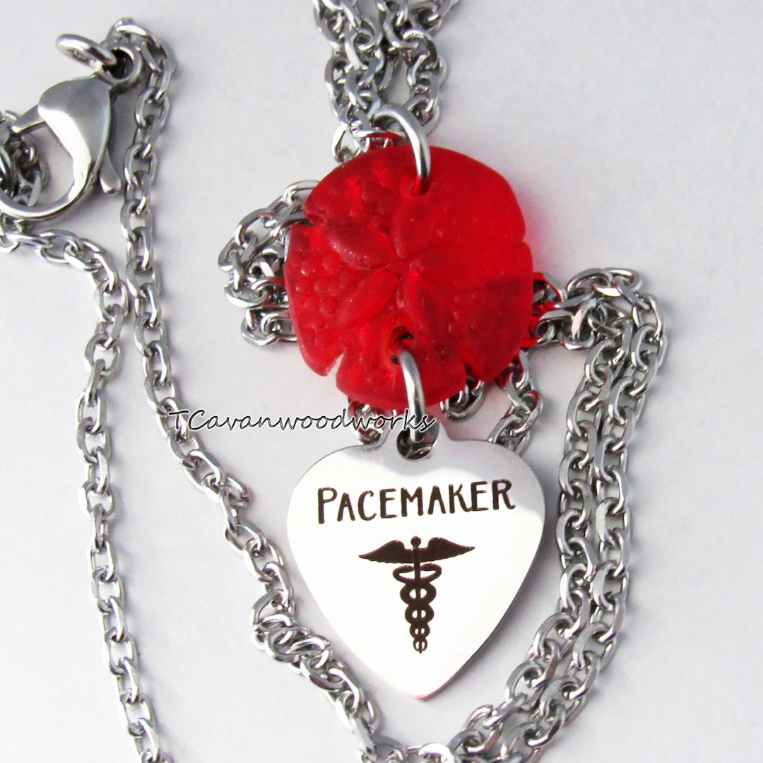 Pacemaker Medical Alert Id Necklace Stainless Red Sea Glass Sand Dollar ...