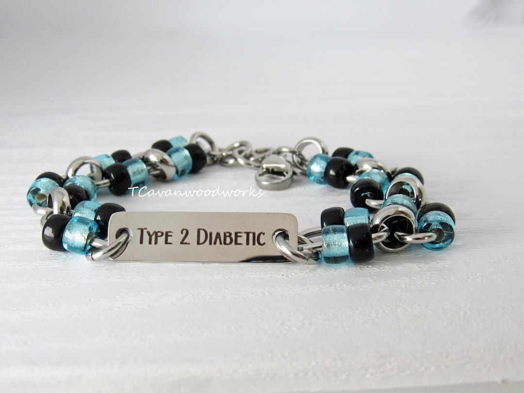 Men's Type 2 Diabetic Bracelet Id Blue Black Glass Beads Stainless ...
