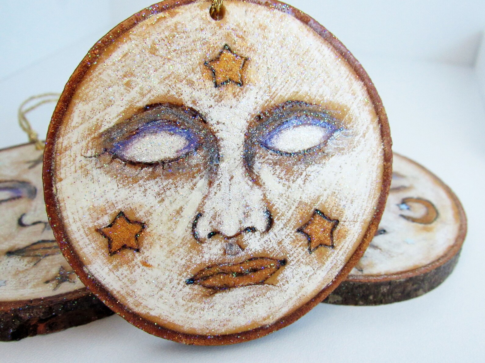 Celestial Moon Face Wood Slice Ornaments Holographic Stars Moon Face ...