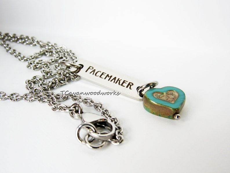 Pacemaker necklace stainless Turquoise glass heart charm bead | Etsy