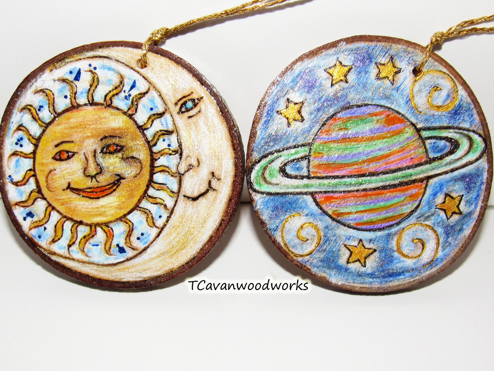 Sun Moon Saturn Planet Ornament Set of 2 Wood Slice Pyrography Art ...