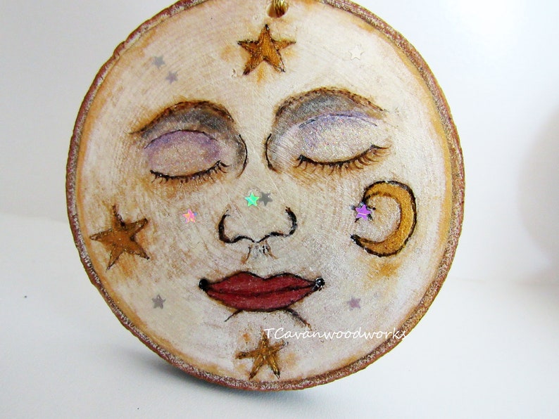 Celestial Moon Face Wood Slice Ornaments Holographic Stars Moon Face ...
