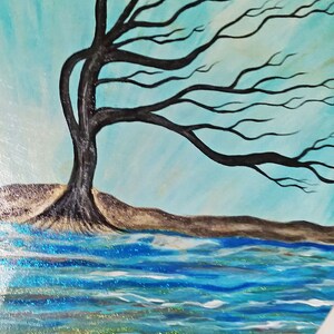 Windswept Tree Painting, Wind Swept Tree Art, Ocean Waves Painting ...