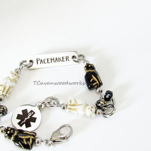 Pacemaker Stainless Medical Id Bracelet Cat Themed Glass Bead Black ...
