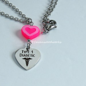 Type 1 Diabetic Medical Id Charm Necklace Hot Pink Czech Glass Heart ...