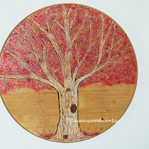 Fall Red Tree Wood Glitter Painting Wood Burned Acrylic Painting With ...