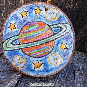 Sun Moon Saturn Planet Ornament Set of 2 Wood Slice Pyrography Art ...