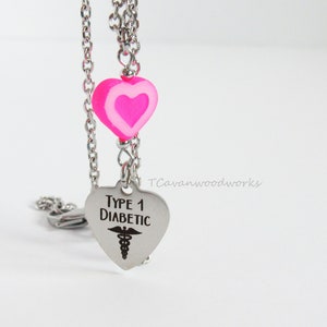 Type 1 Diabetic Medical Id Charm Necklace Hot Pink Czech Glass Heart ...