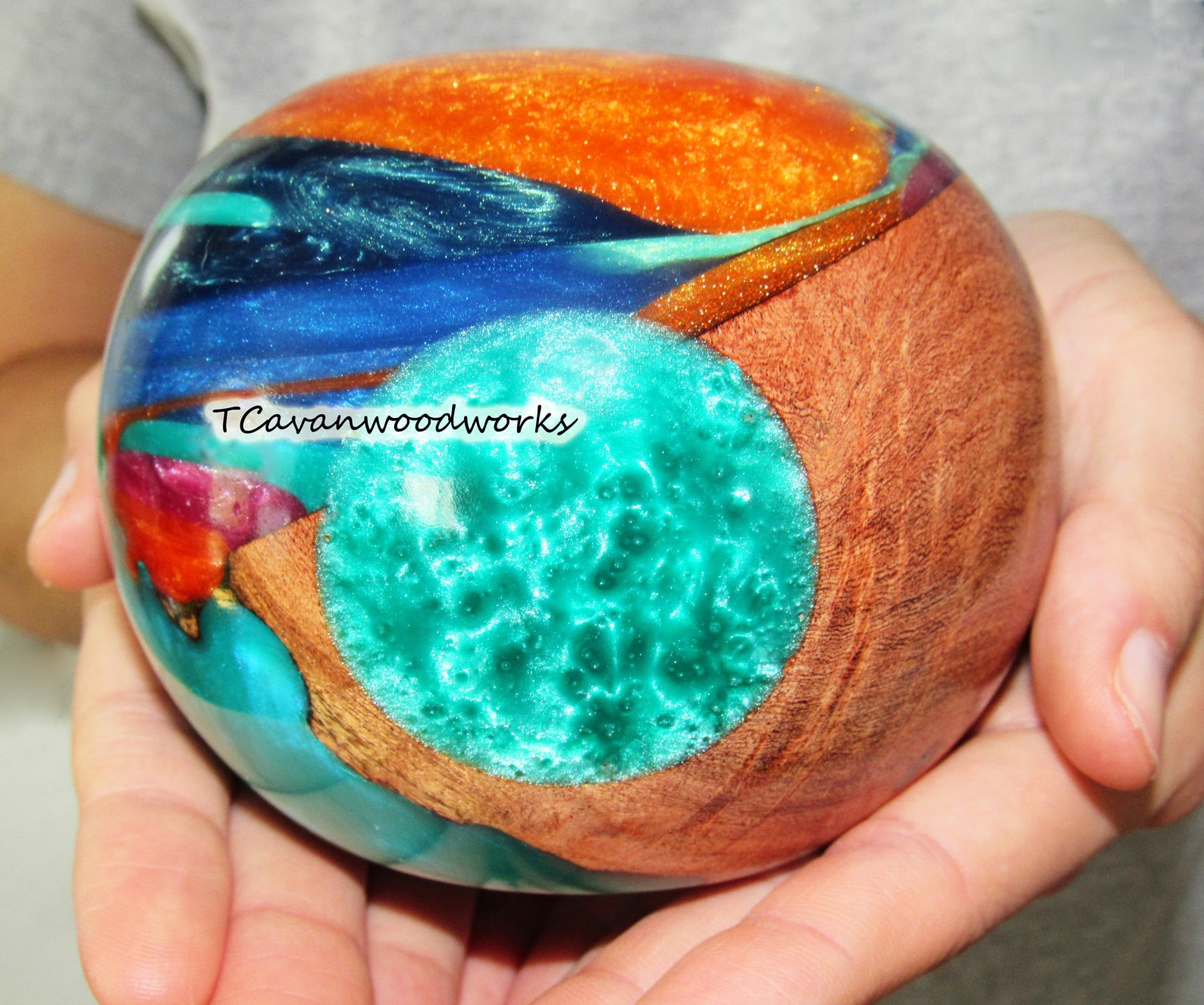 Wood Turned Resin Inlaid Oblate Sphere Art Blue Moon Fireball Galaxy ...