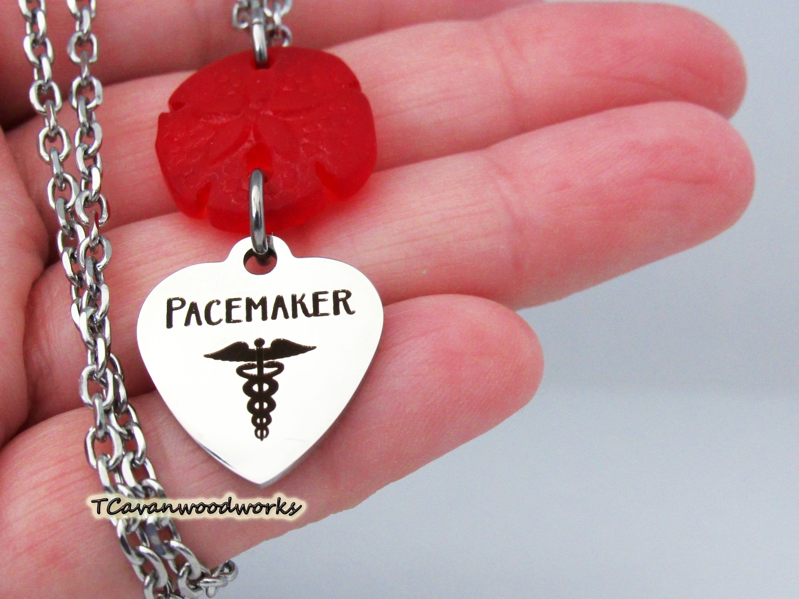 Pacemaker Medical Alert Id Necklace Stainless Red Sea Glass Sand Dollar ...