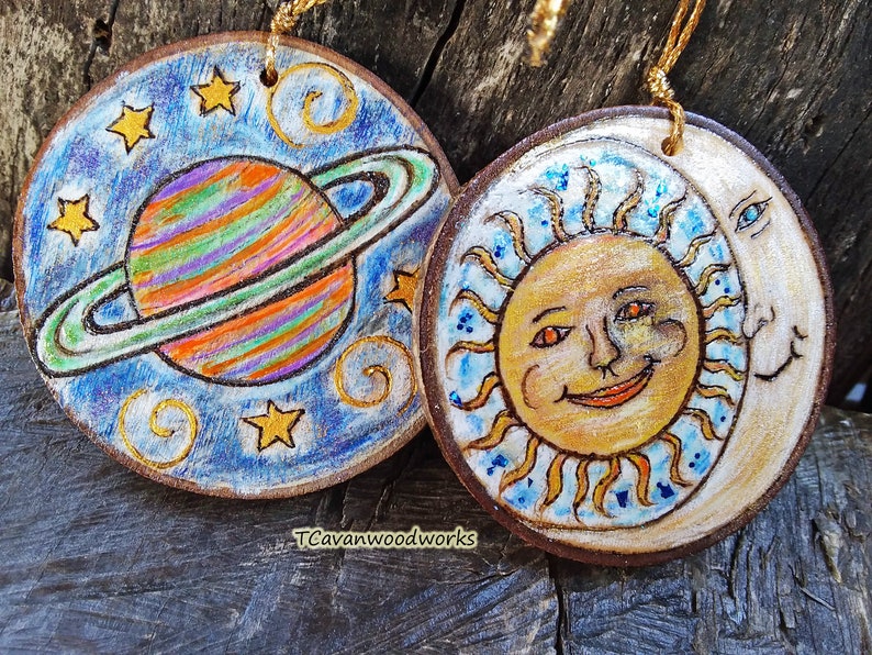 Sun Moon Saturn Planet Ornament Set of 2 Wood Slice Pyrography - Etsy