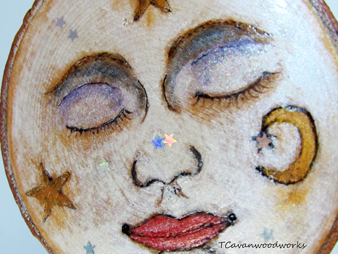 Celestial Moon Face Wood Slice Ornaments Holographic Stars Moon Face ...
