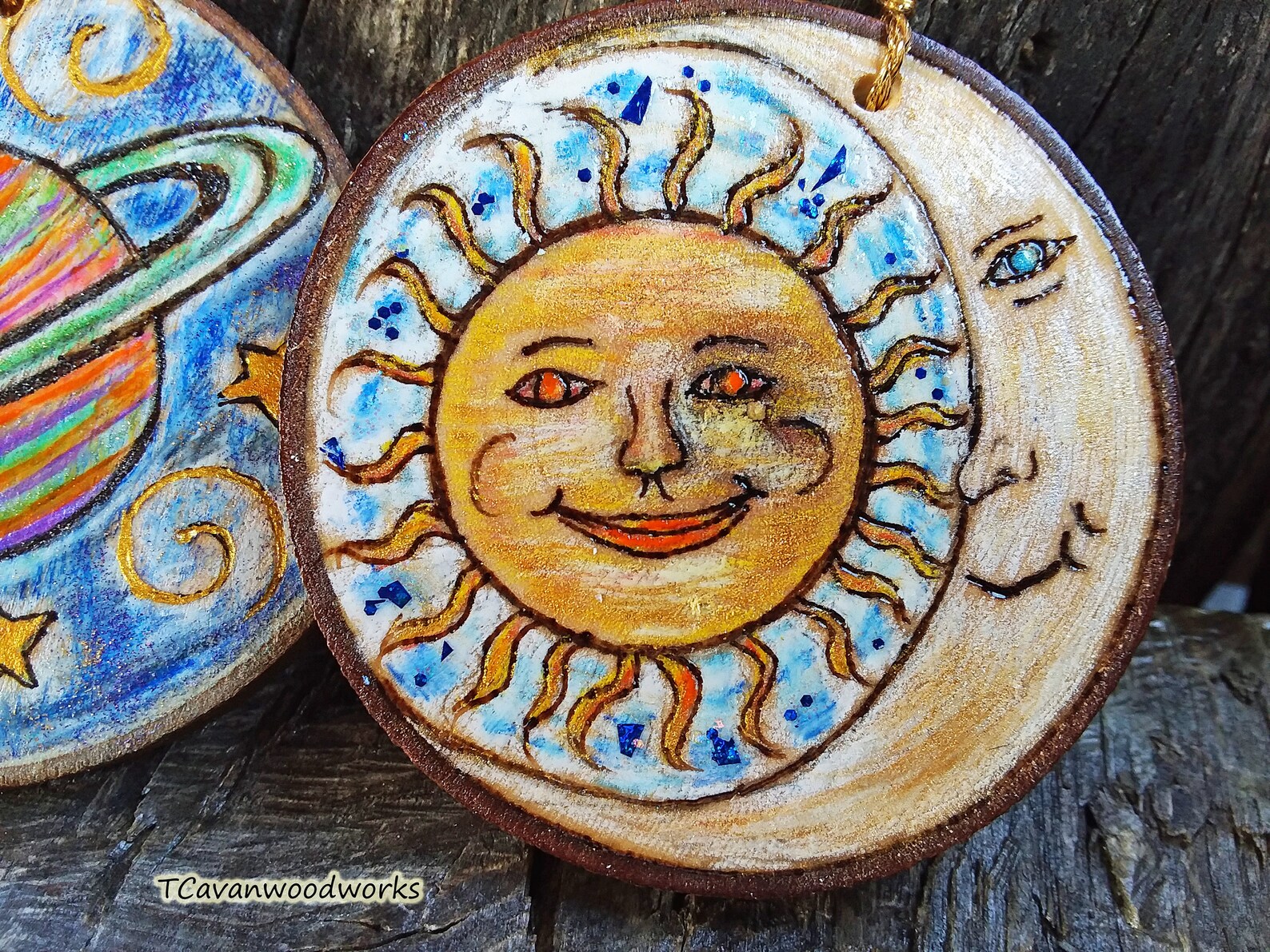 Sun Moon Saturn Planet Ornament Set of 2 Wood Slice Pyrography Art ...