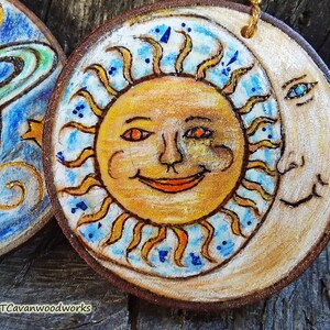 Sun Moon Saturn Planet Ornament Set of 2 Wood Slice Pyrography Art ...