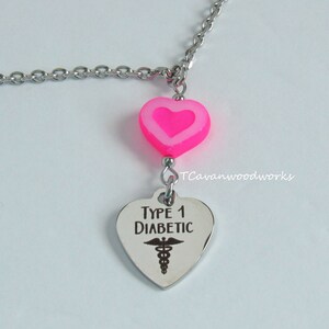 Type 1 Diabetic Medical Id Charm Necklace Hot Pink Czech Glass Heart ...