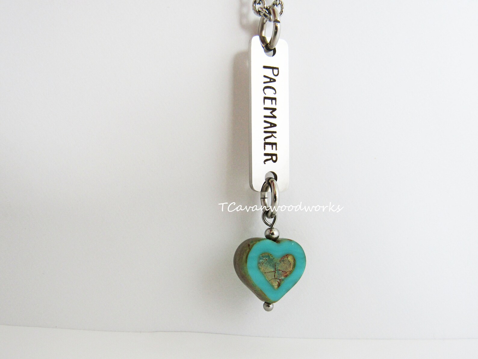 Pacemaker necklace stainless Turquoise glass heart charm bead | Etsy