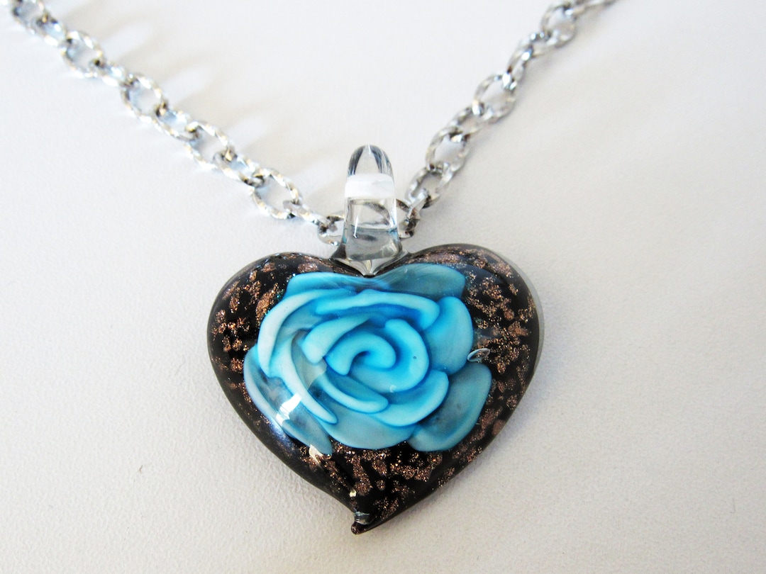 Blue Rose Heart Shaped Glass Pendant Valentine's Heart Rose Gift Blue ...