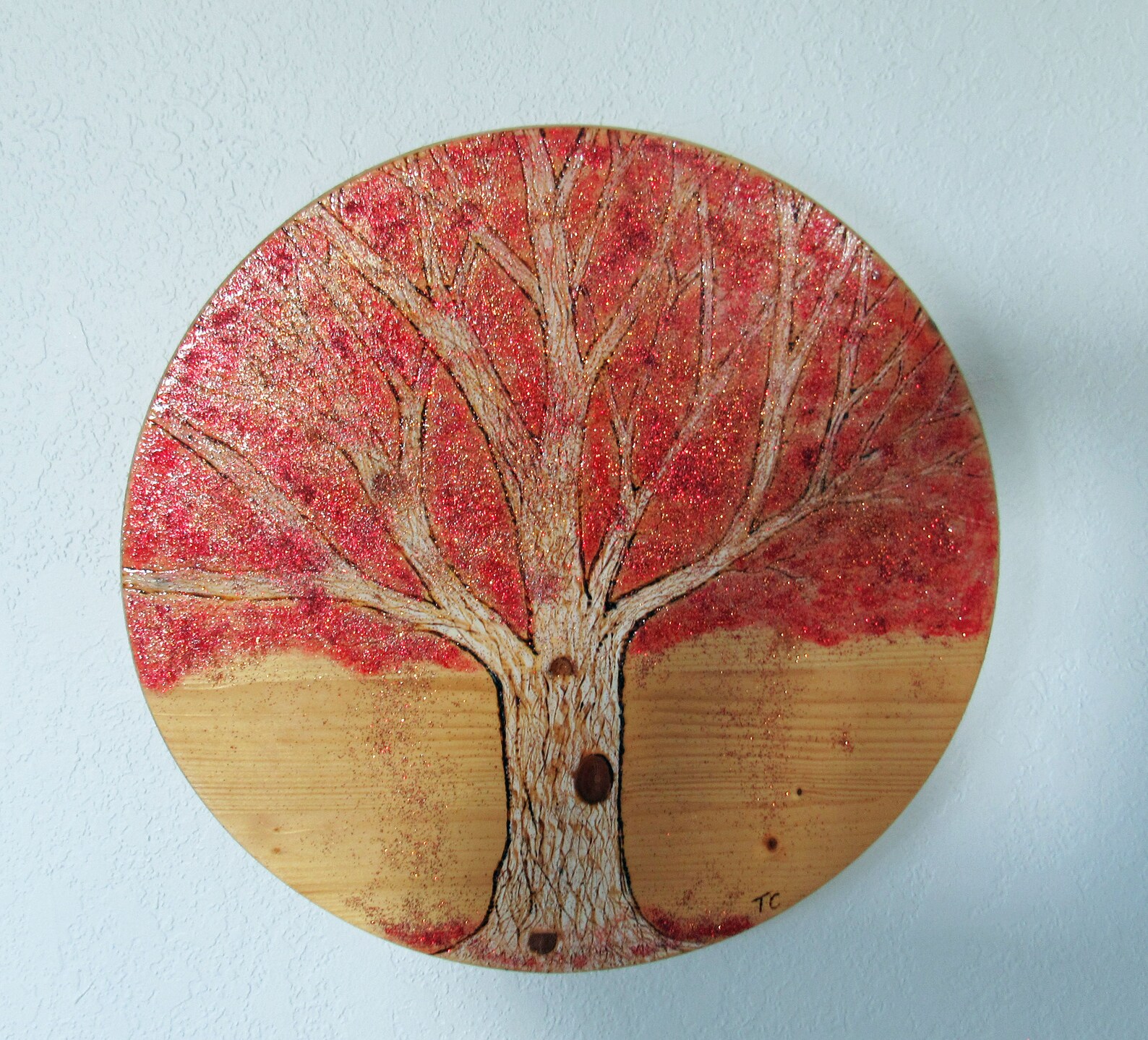 Fall Red Tree Wood Glitter Painting Wood Burned Acrylic - Etsy