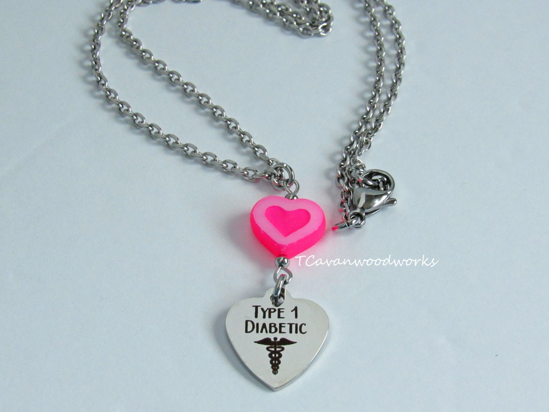 Type 1 Diabetic Medical Id Charm Necklace Hot Pink Czech Glass Heart ...