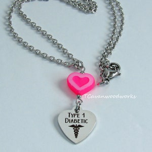 Type 1 Diabetic Medical Id Charm Necklace Hot Pink Czech Glass Heart ...