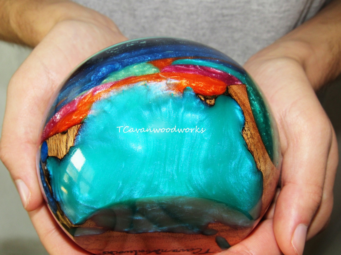 Wood Turned Resin Inlaid Oblate Sphere Art Blue Moon Fireball - Etsy