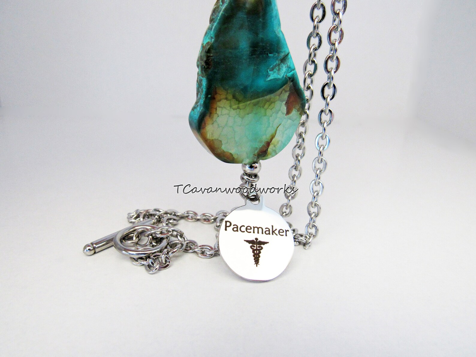 Pacemaker necklace stainless agate slab gemstone dyed seafoam | Etsy