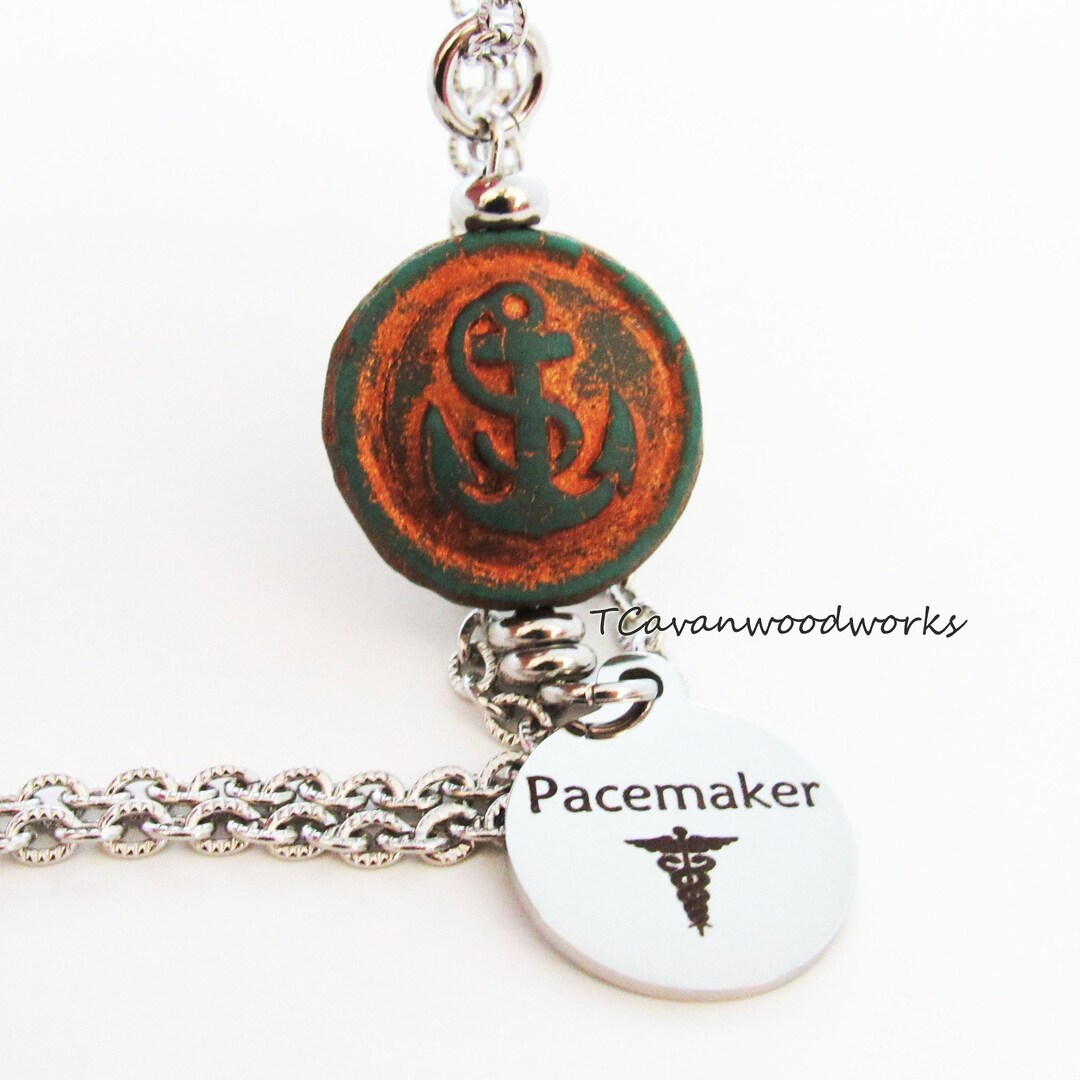 Pacemaker Medical Id Necklace Stainless Sea Green Glass Anchor Coin ...