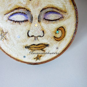 Celestial Moon Face Wood Slice Ornaments Holographic Stars Moon Face ...