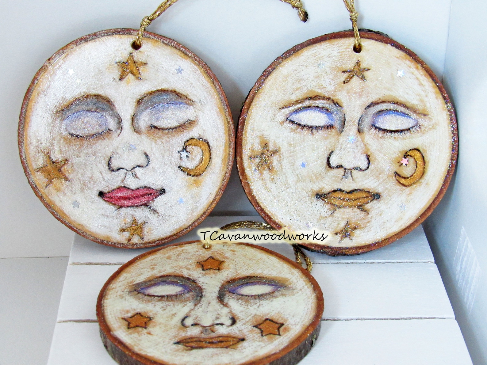 Celestial Moon Face Wood Slice Ornaments Holographic Stars Moon Face ...