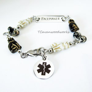 Pacemaker Stainless Medical Id Bracelet Cat Themed Glass Bead Black ...