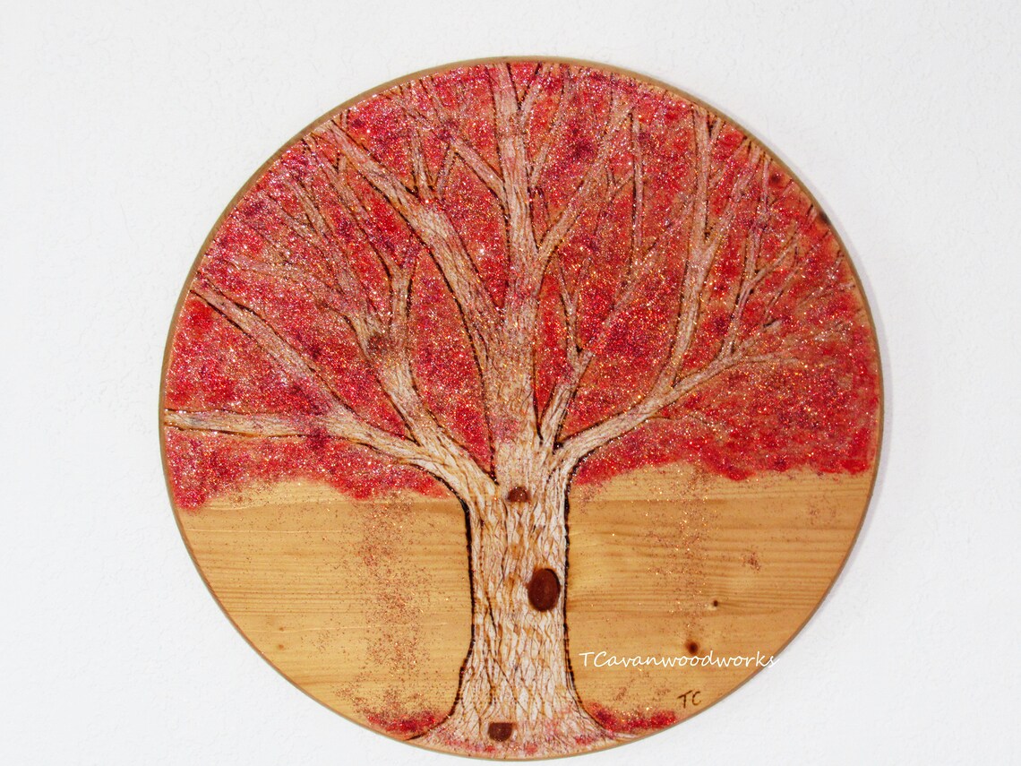 Fall Red Tree Wood Glitter Painting Wood Burned Acrylic - Etsy