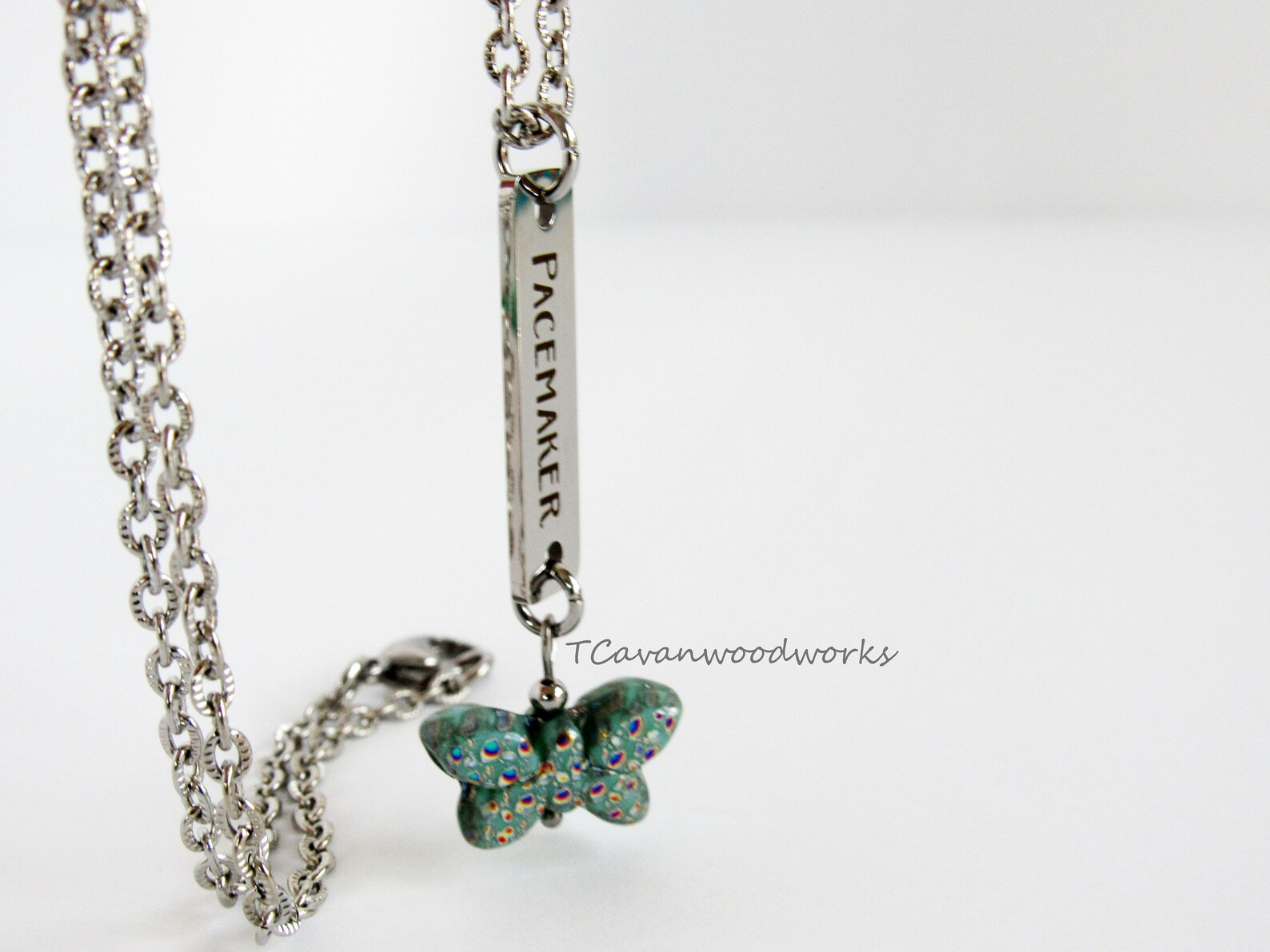 Pacemaker Necklace Stainless Turquoise Glass Butterfly Charm Pacemaker ...