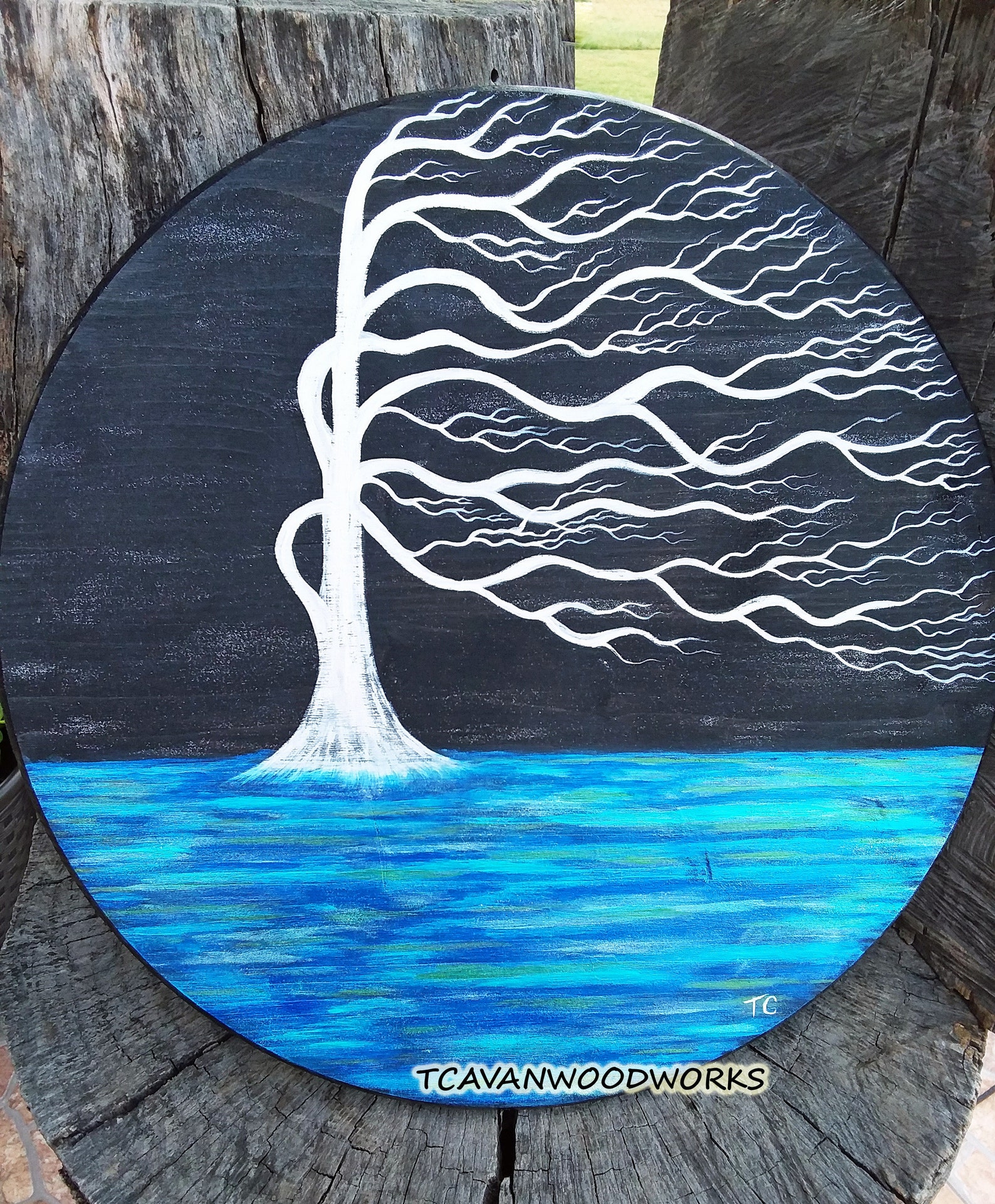 Windswept Tree Painting on Round Wood Whimsical Tree Art, Nighttime ...