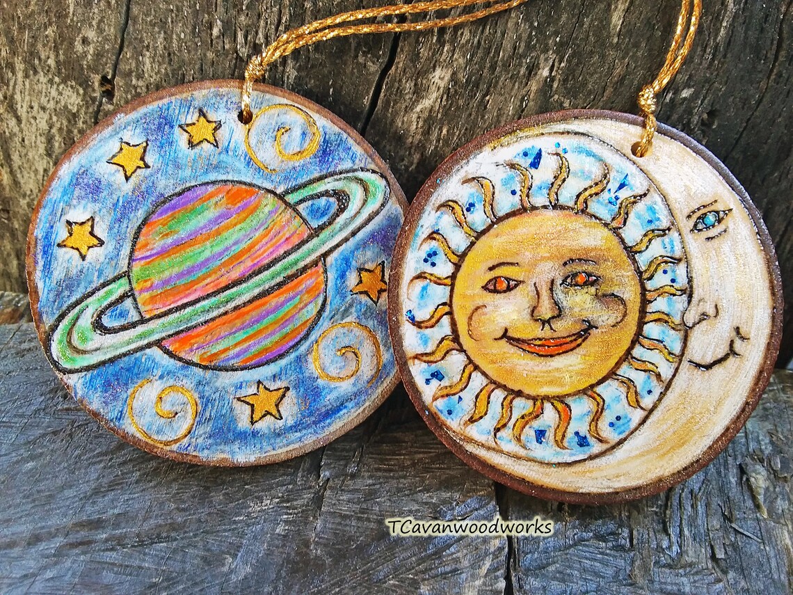Sun Moon Saturn Planet Ornament Set of 2 Wood Slice Pyrography - Etsy