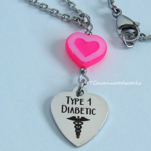 Type 1 Diabetic Medical Id Charm Necklace Hot Pink Czech Glass Heart ...