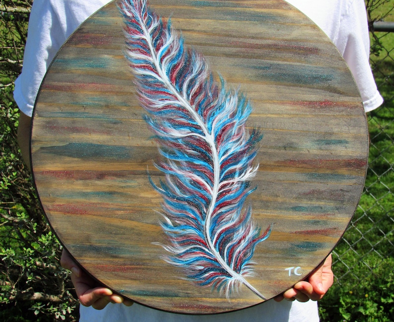 Feather Painting Feather Art Wood Painting Blue Feather - Etsy